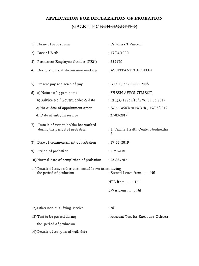 Application For Declaration of Probation: (Gazetted/ Non Gazetted ...