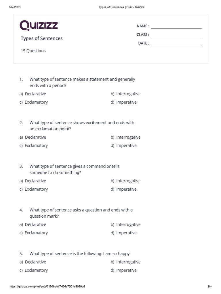 Types of Sentences Quiz | PDF | Sentence (Linguistics) | Question