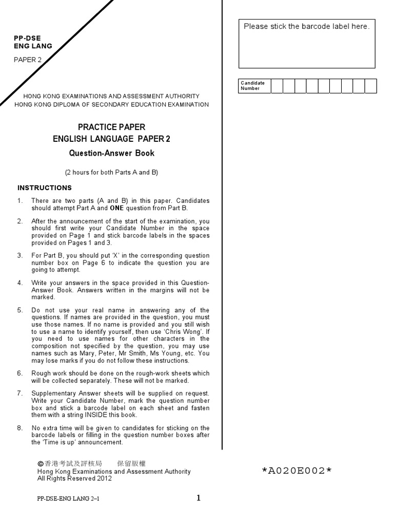 Practice Paper English Language Paper 2 Question-Answer Book | PDF ...