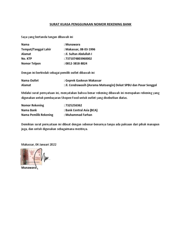 Surat Kuasa Penggunaan Nomor Rekening Bank | PDF