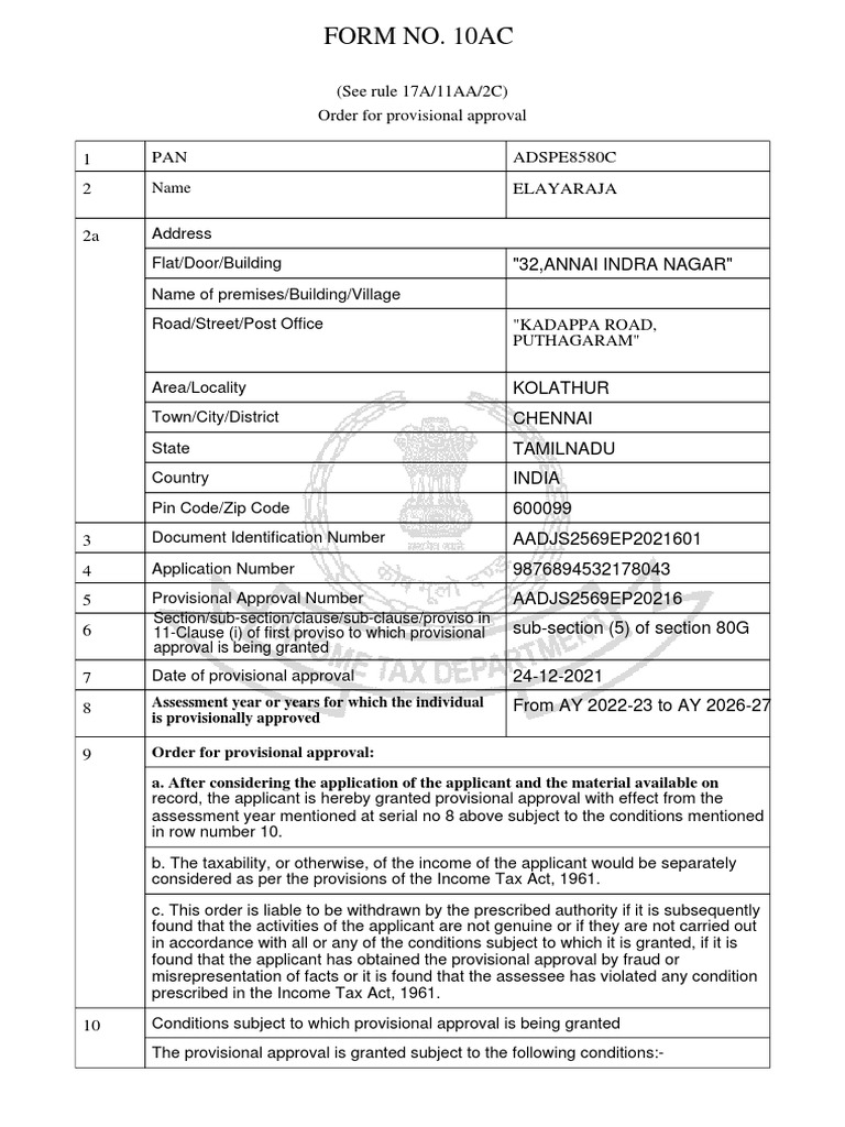Form No. 10ac: (See Rule 17A/11AA/2C) Order For Provisional Approval ...