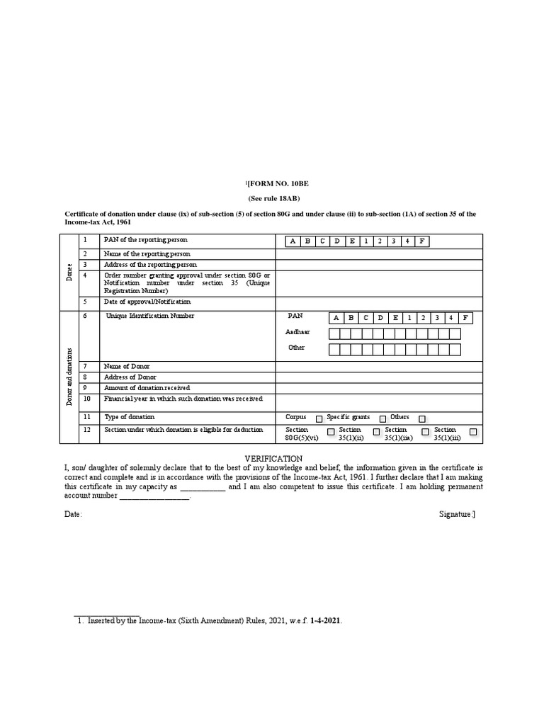 (Form No. 10be (See Rule 18AB) Certificate of Donation Under Clause (Ix ...