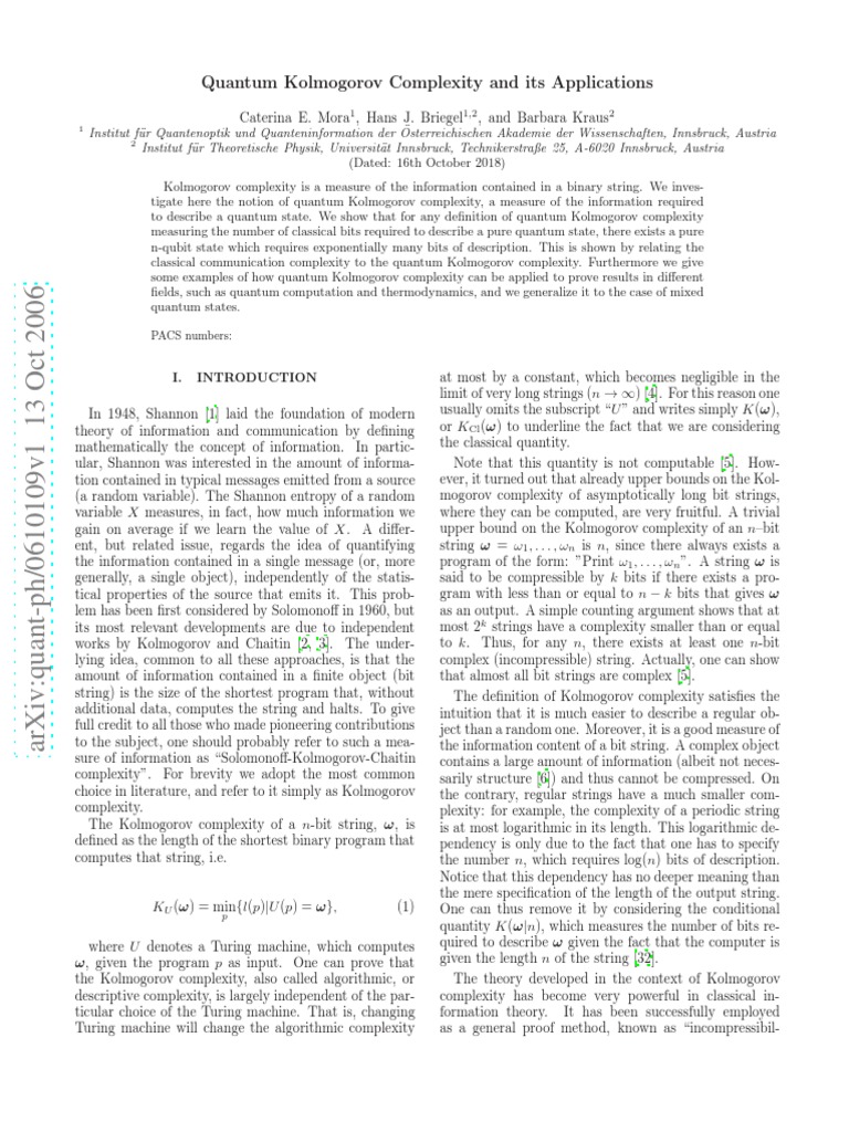 Quantum Kolmogorov Complexity and Its Applications: PACS Numbers | PDF | Complexity | Computing