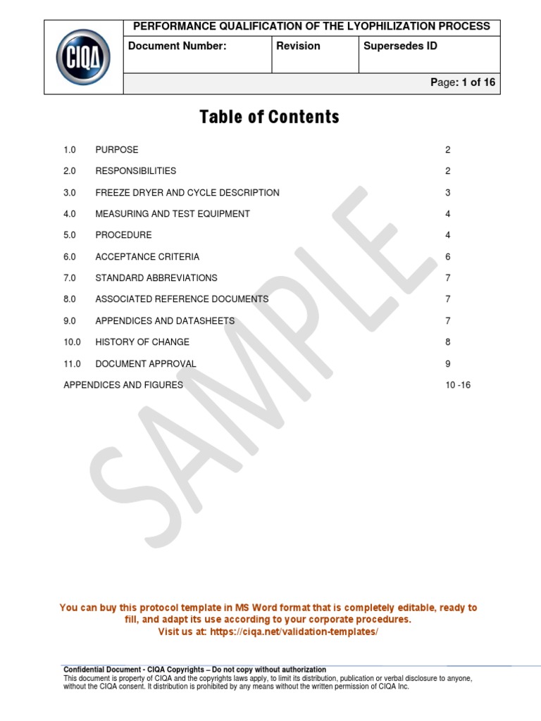 CIQA PQ Template Protocol Lyophilization Process Sample Version | PDF ...