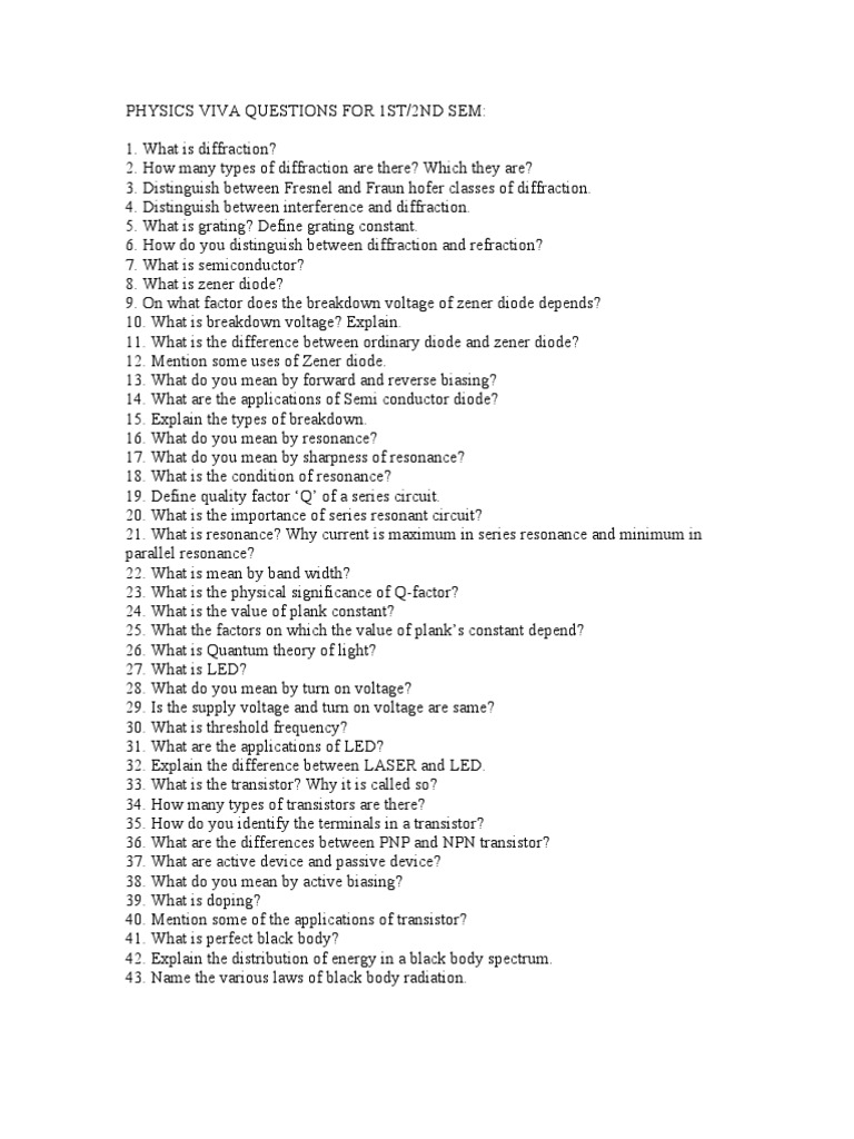 Physics Viva Questions For 1st | PDF | Diode | Transistor