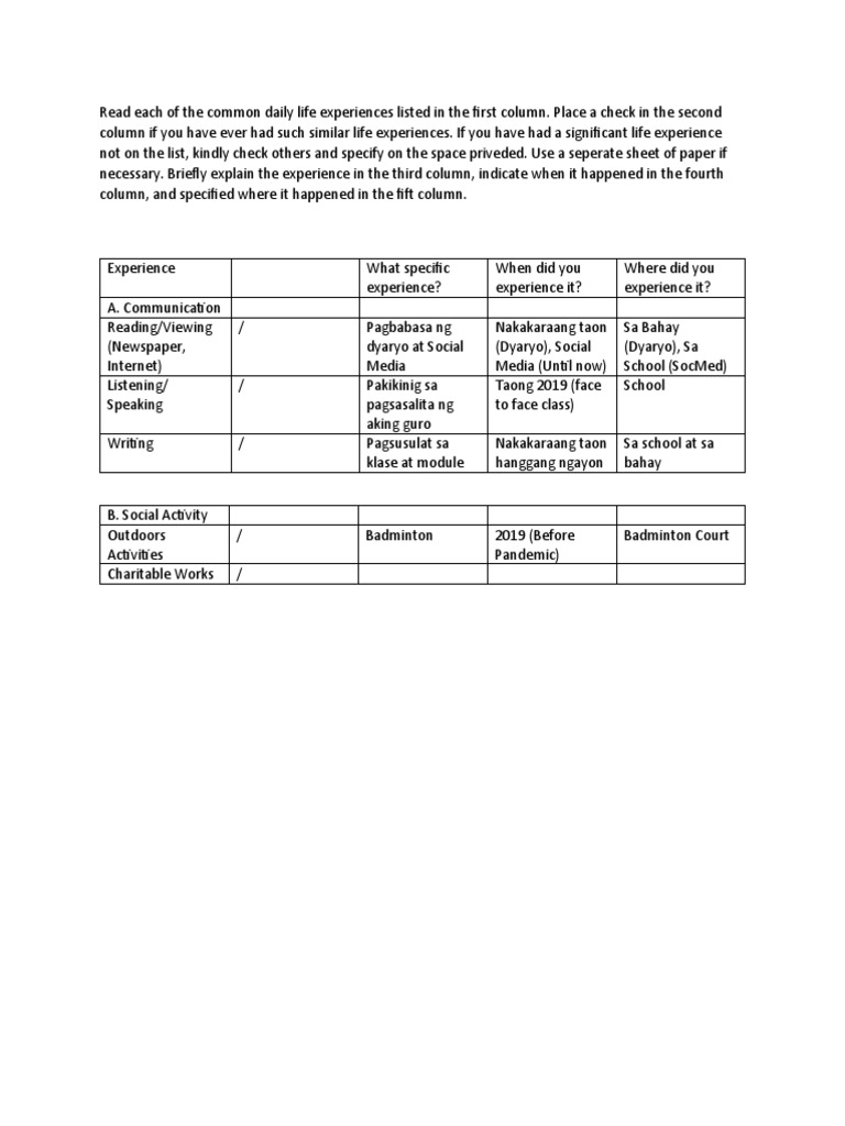 Read Each of The Common Daily Life Experiences Listed in The First ...