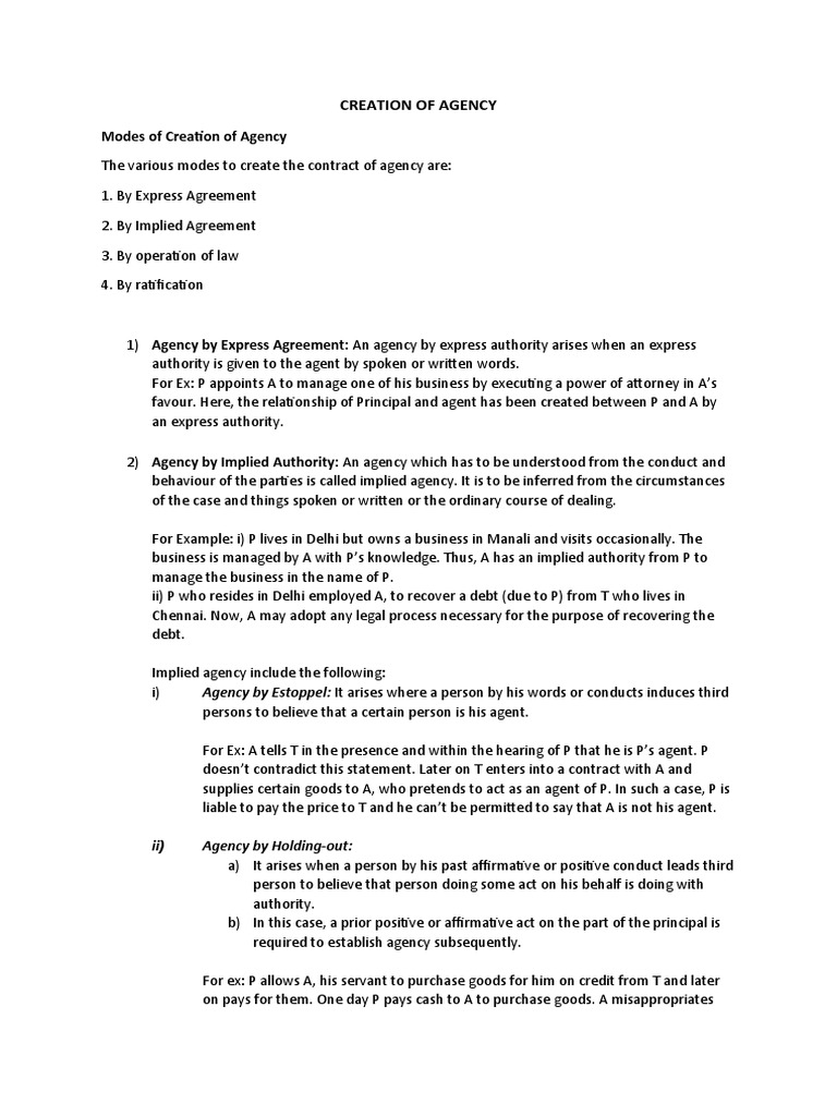 Modes of Creation of Agency | PDF | Law Of Agency | Legal Liability
