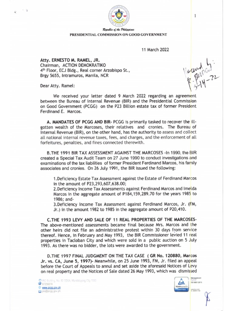 PCGG, BIR Letters Re Marcos Estate Tax | PDF | Taxes | Public Law