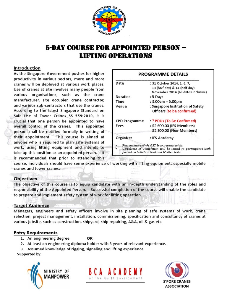 5-Day Course For Appointed Person - Lifting Operations: Programme ...