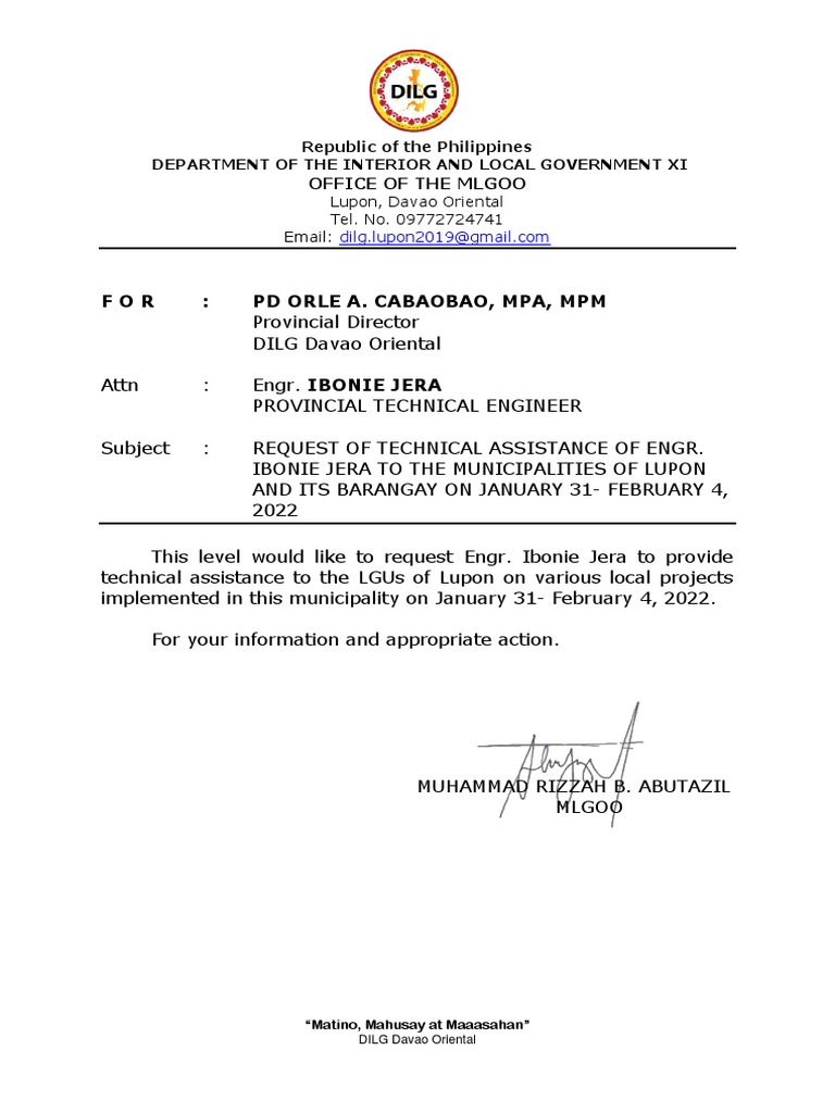 Request for Technical Assistance from the Provincial Engineer to ...