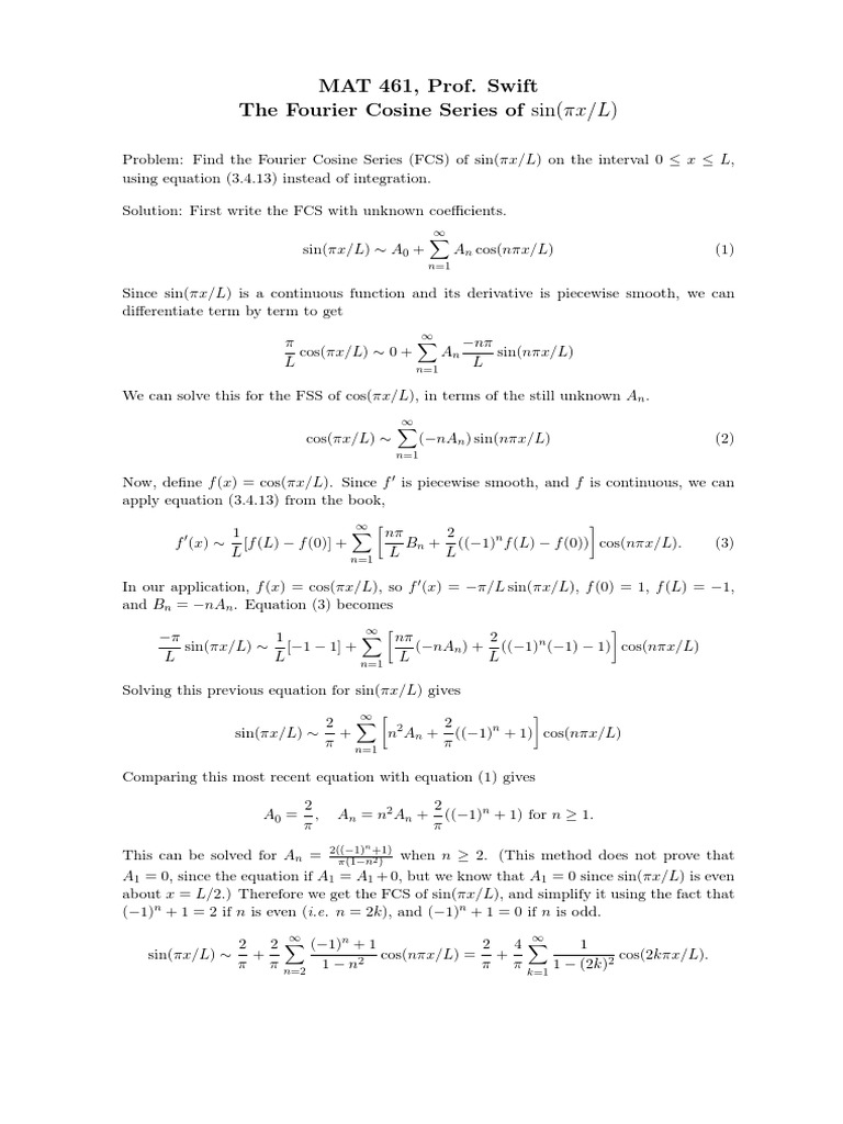 MAT 461, Prof. Swift The Fourier Cosine Series of sin (πx/L) | PDF | Fourier Series ...