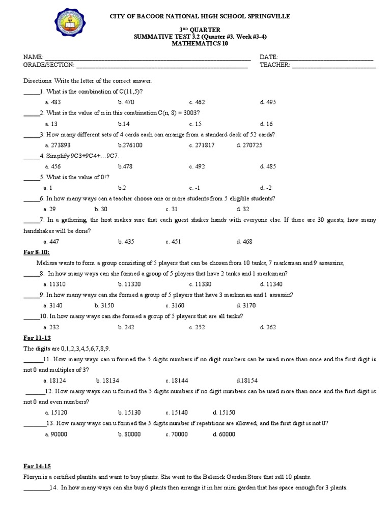 City of Bacoor National High School Springville 3 Quarter SUMMATIVE ...