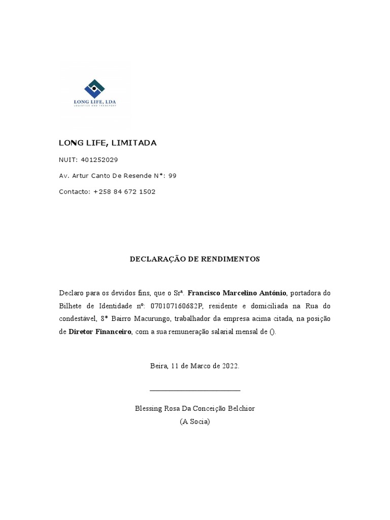 Declaracao de Rendimento | PDF