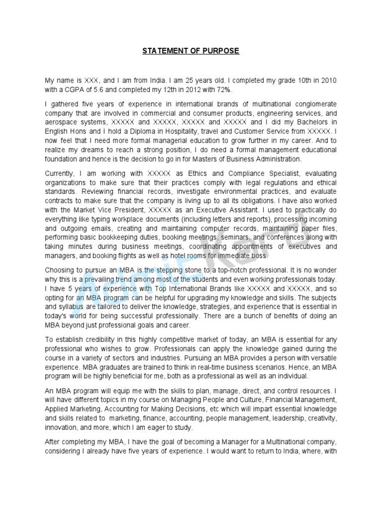 Mba Sop Sample | PDF | Master Of Business Administration | Business