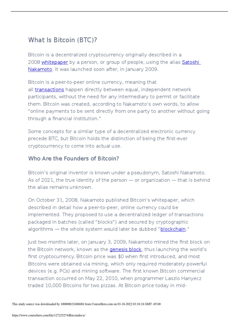 What Is Bitcoin (BTC) ?: Whitepaper Satoshi Nakamoto | PDF | Bitcoin ...