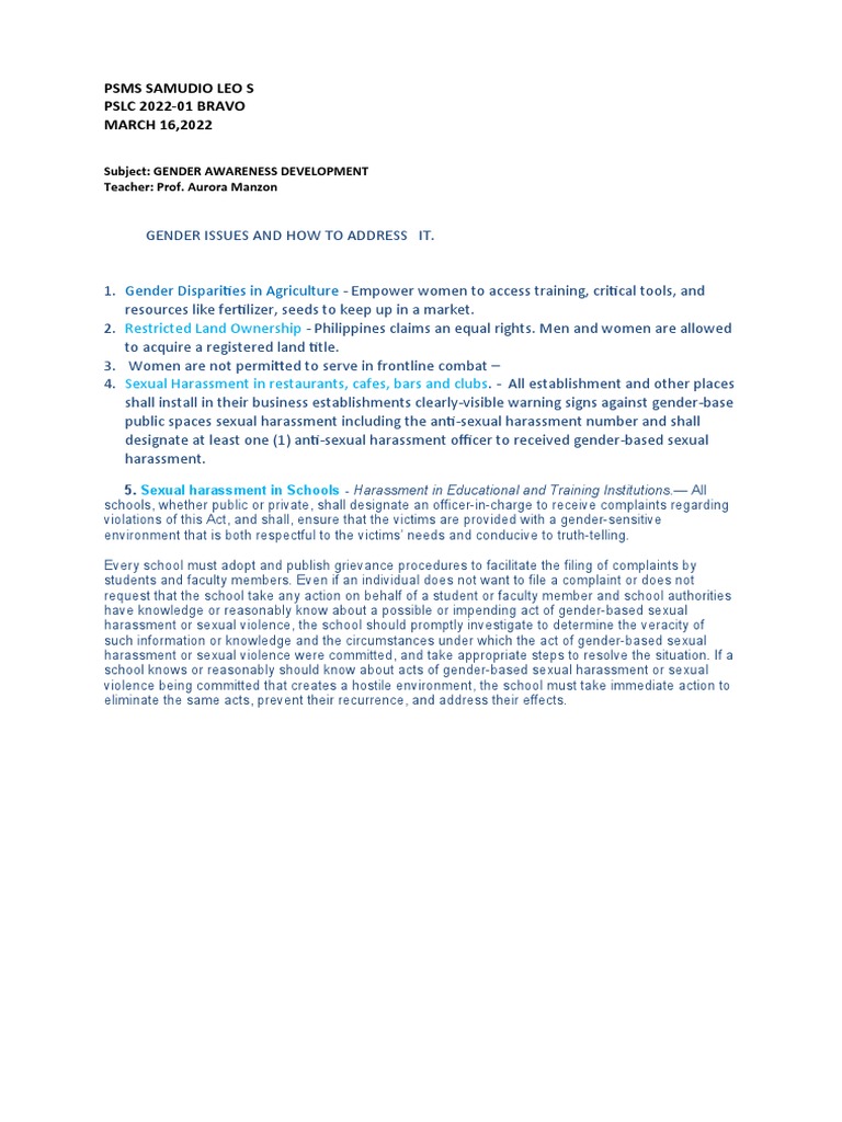 SLC Gender Issues Assignment | PDF