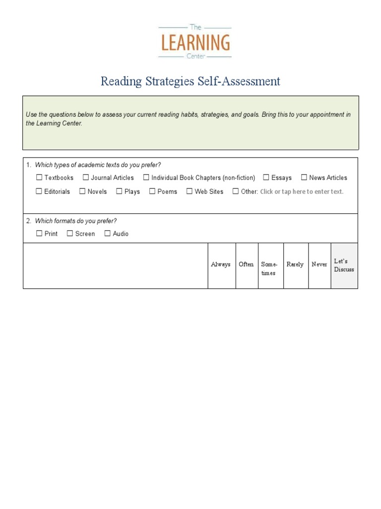 Reading Strategies - Self Assessment 1 | PDF | Creative Commons License ...