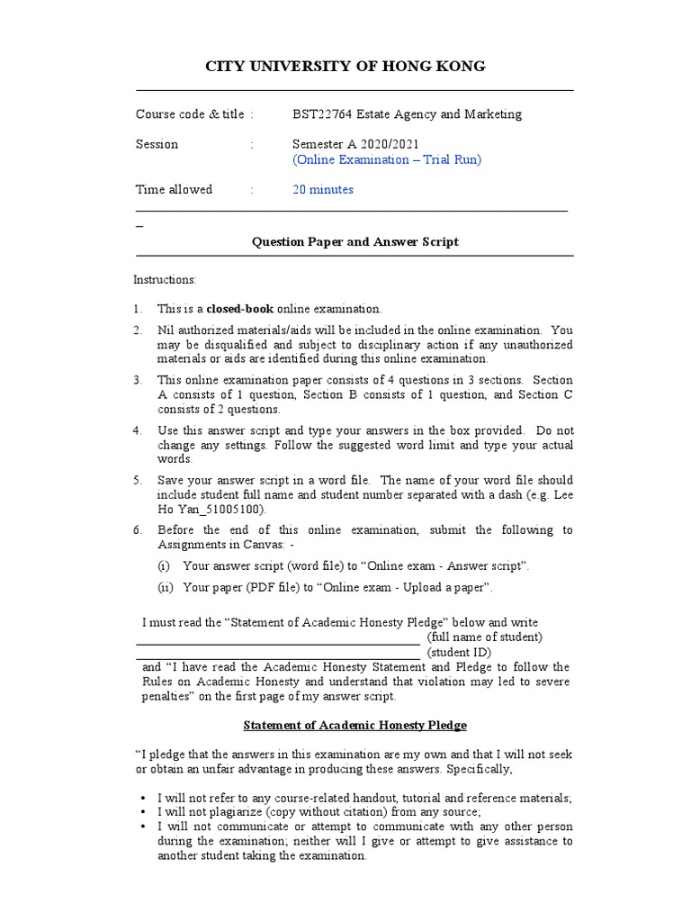 Trial Run - Online Exam - Question Paper and Answer Script - Updated | PDF