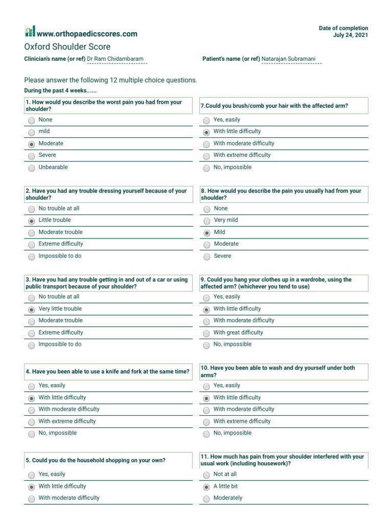 Oxford Shoulder Score - Orthopaedic Scores Natarajan Subramani | PDF ...