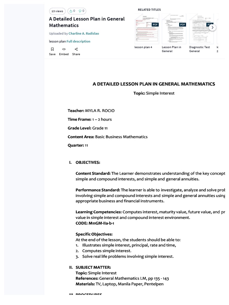 A Comprehensive Lesson Plan on Calculating Simple Interest | PDF ...