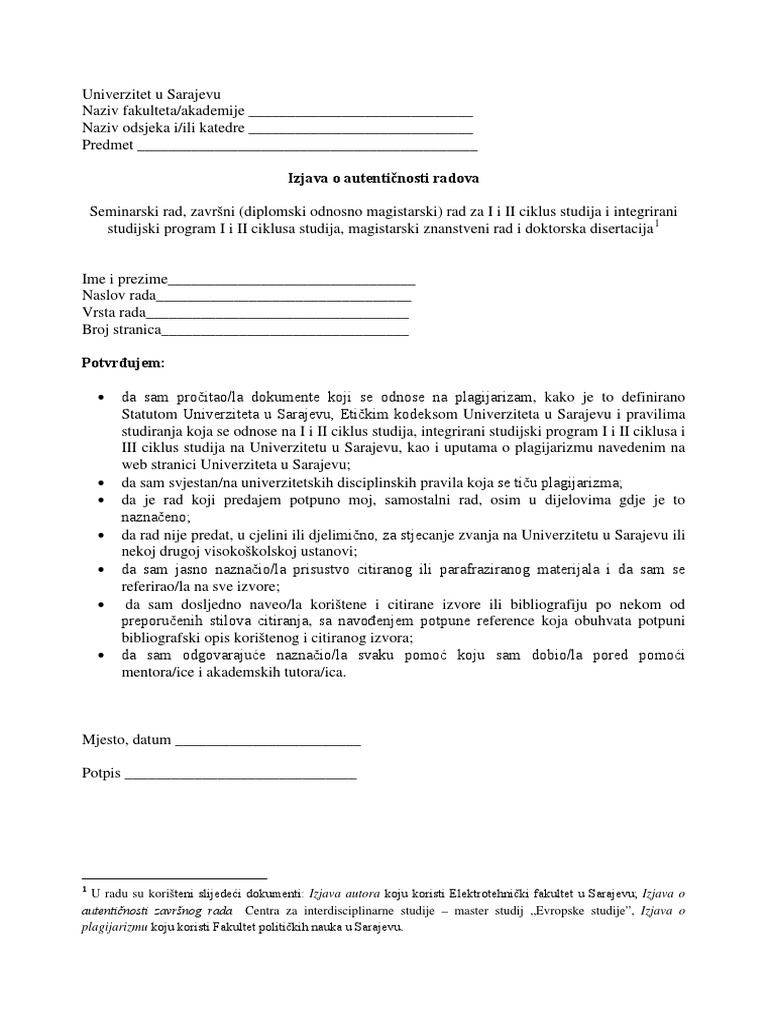 Izjava o Autenticnosti Radova | PDF