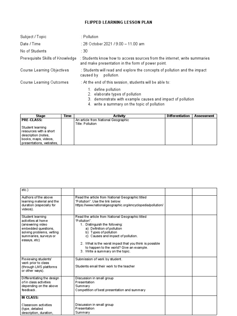 Flipped Learning Plan on Pollution | PDF | Educational Assessment ...