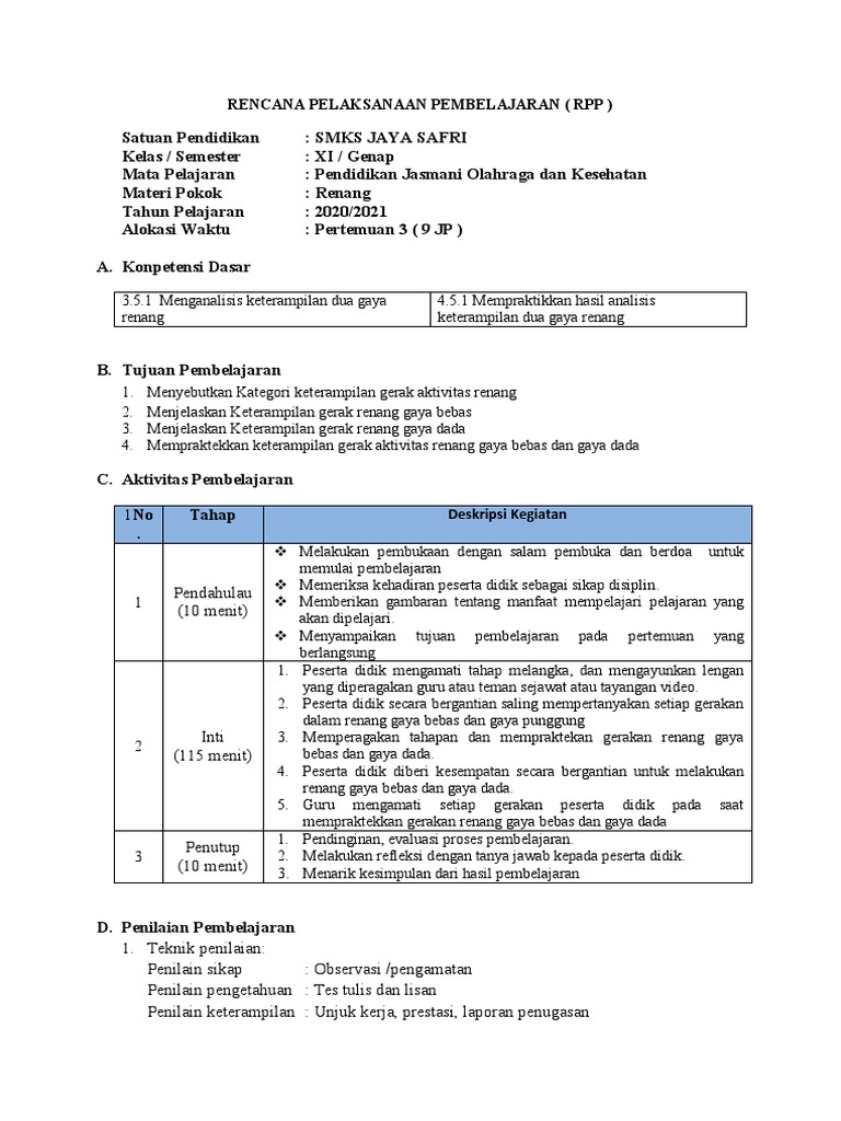 6.RPP Renang 1 Lembar | PDF