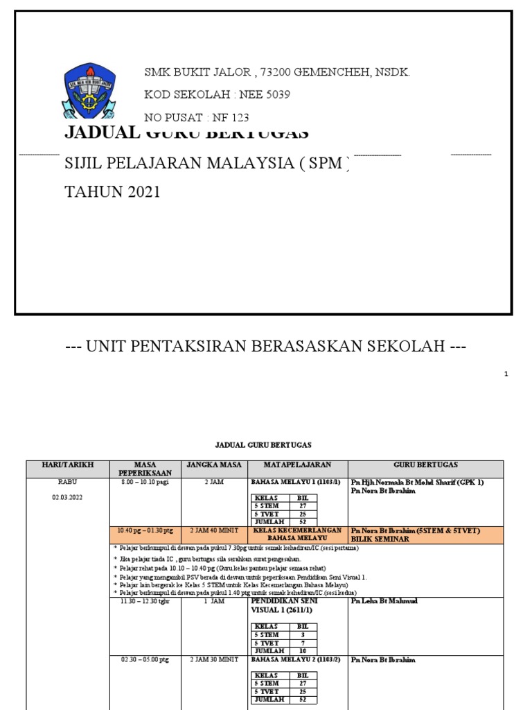 Jadual Guru Bertugas SPM 2021 | PDF