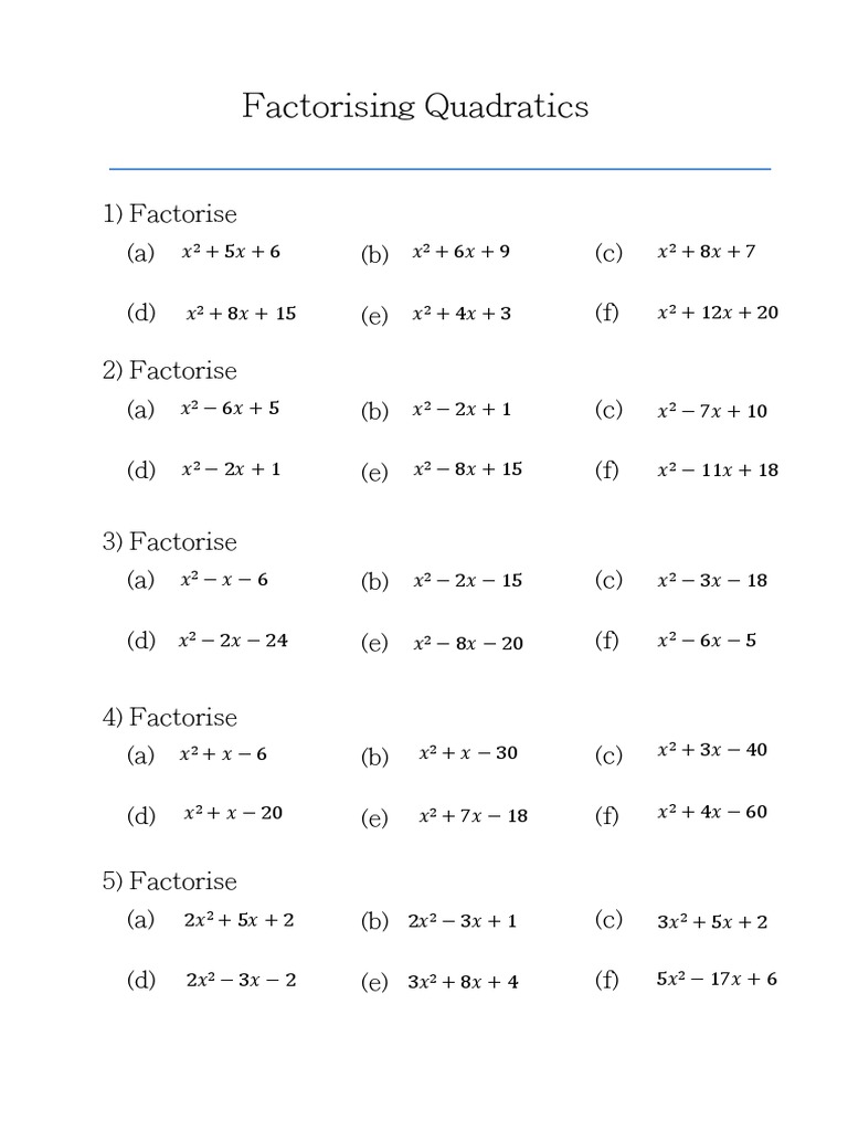 Factorising Quadratics Worksheet | PDF