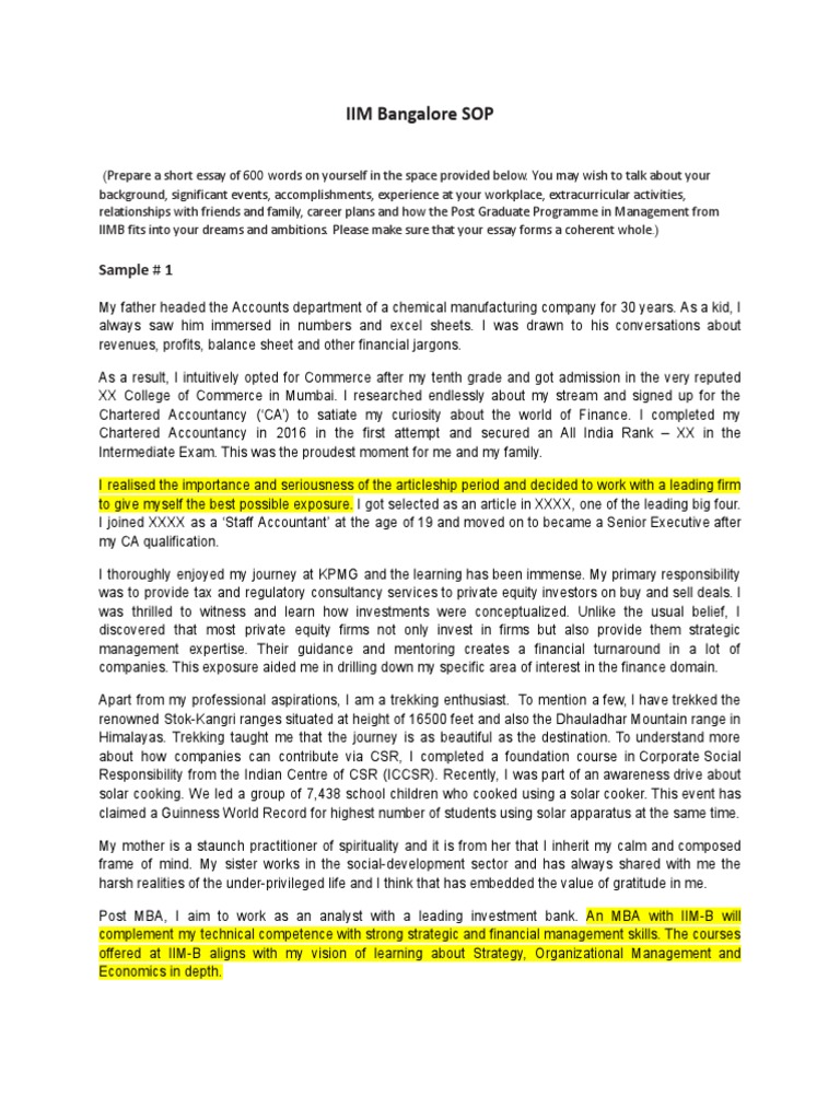 IIM Bangalore SOP Samples | PDF
