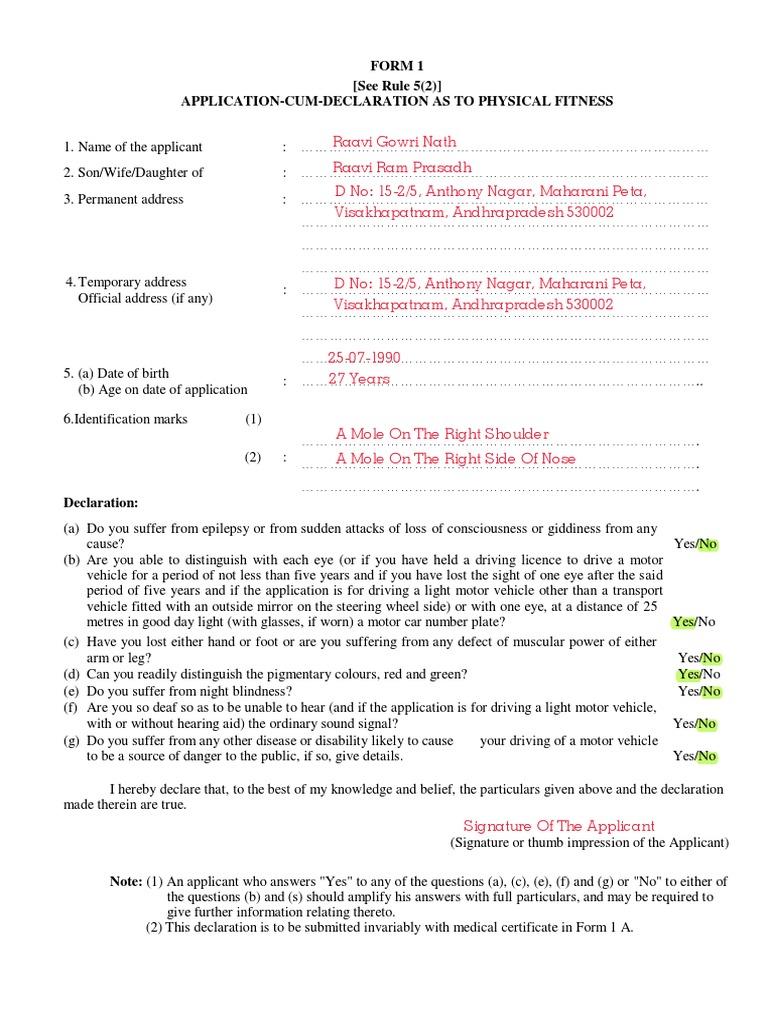 Sample Filled Form 1 | PDF | Vehicles