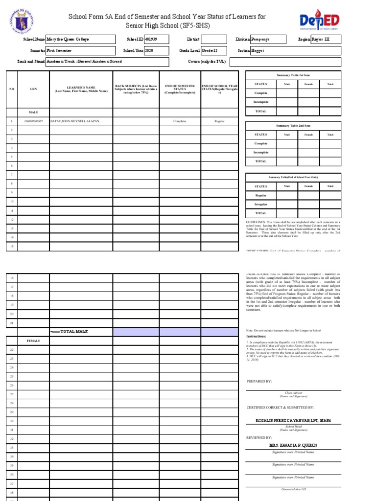 School Form 5A SF 5A Sample 2021 | PDF