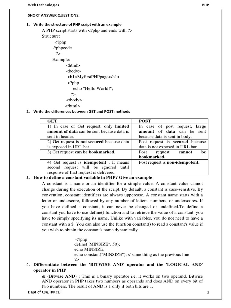 Short Answer Questions 1 Write The Structure Of Php Script With An Example Pdf Php Array 4117