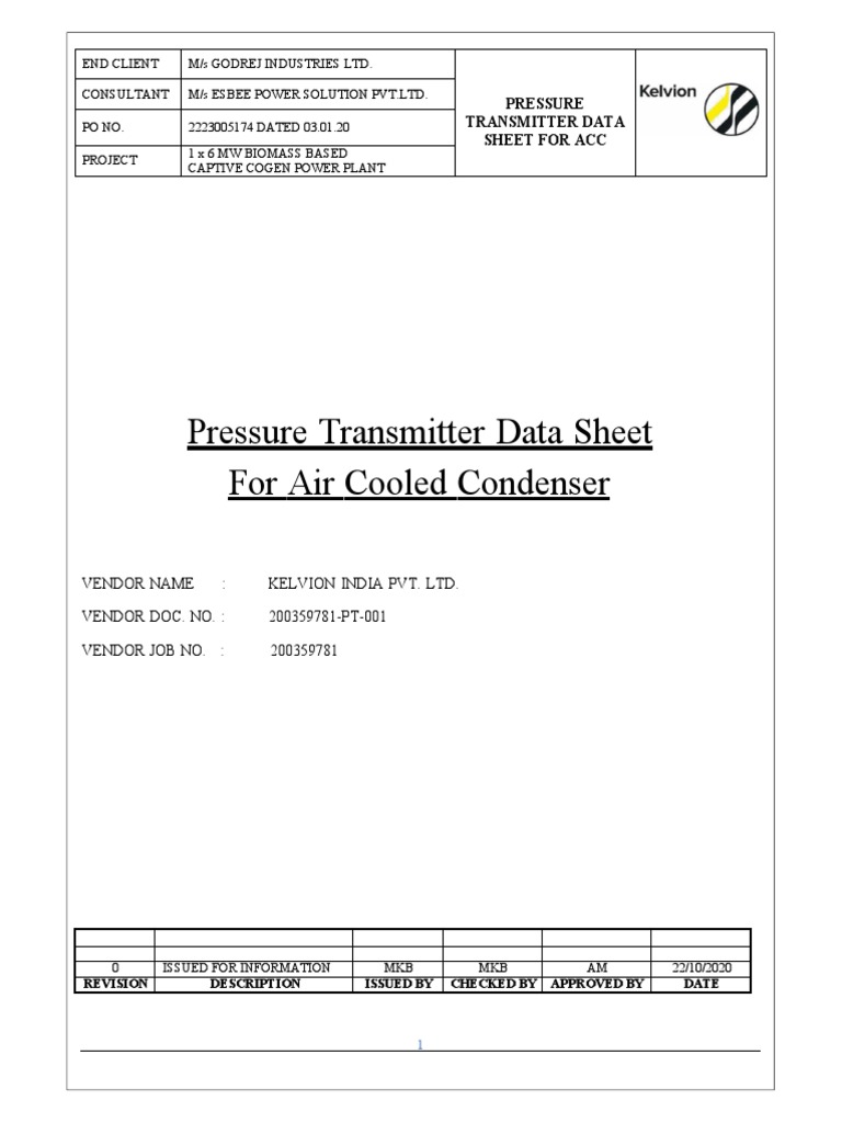 Pressure Transmitter Data Sheet For Air Cooled Condenser | PDF ...