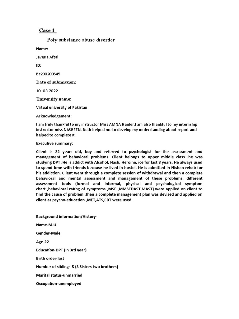 Poly Substance Abuse Case Study | PDF | Anxiety Disorder | Cognitive ...