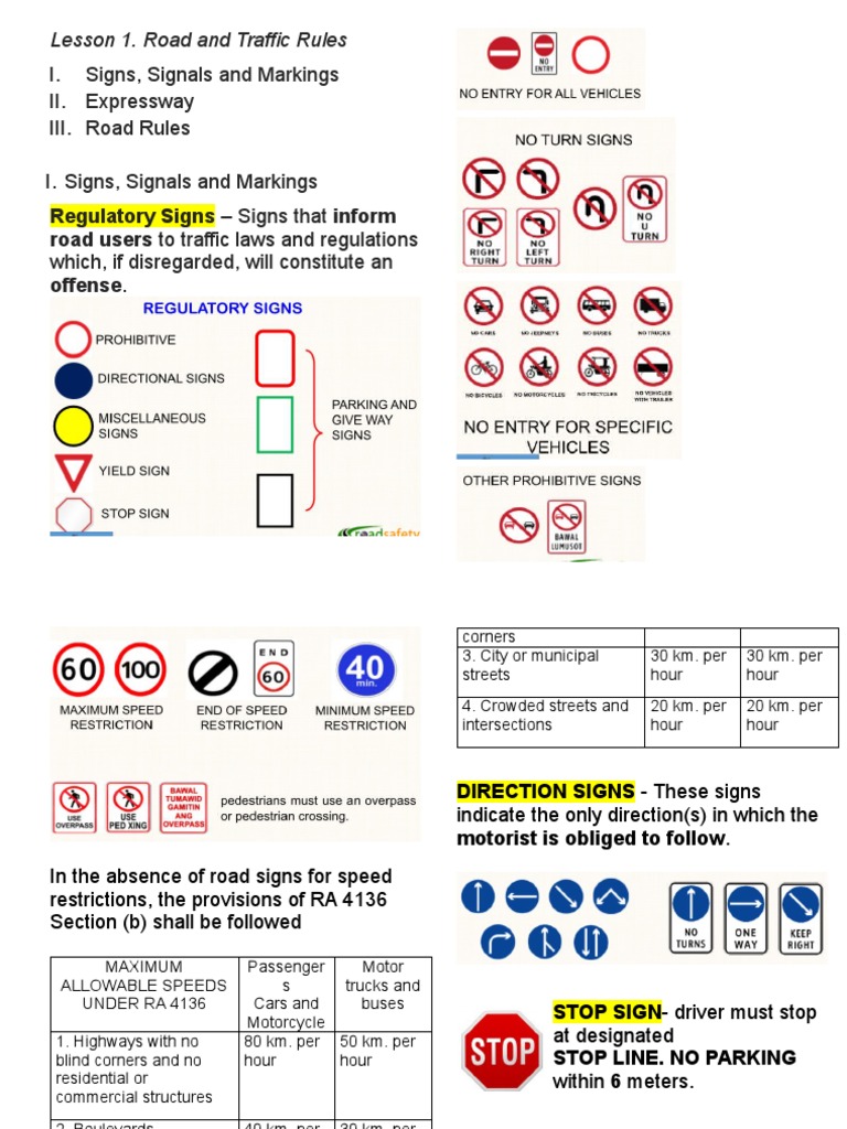 I. Signs, Signals and Markings II. Expressway III. Road Rules I. Signs ...