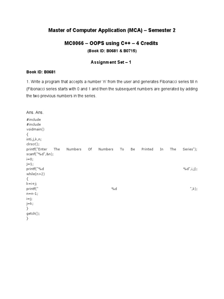 Master of Computer Application (MCA) - Semester 2 MC0066 - OOPS Using C++ - 4 Credits | PDF ...