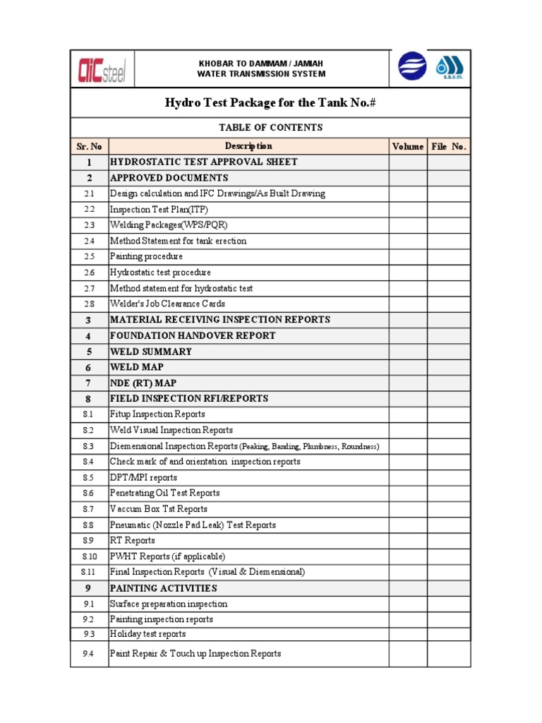 Hydro Test Package For The Tank No.#: Khobar To Dammam / Jamiah Water ...