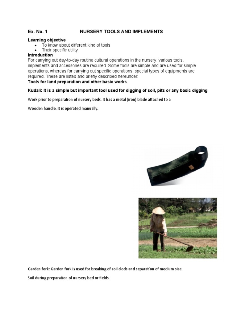 Ex. No. 1 Nursery Tools and Implements | PDF | Plant Nursery | Plough