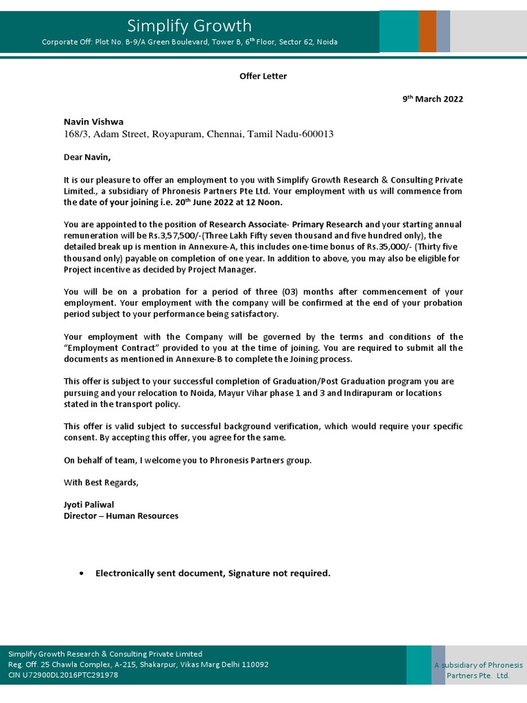 Simplify Growth Offer Letter for Navin | PDF | Identity Document ...