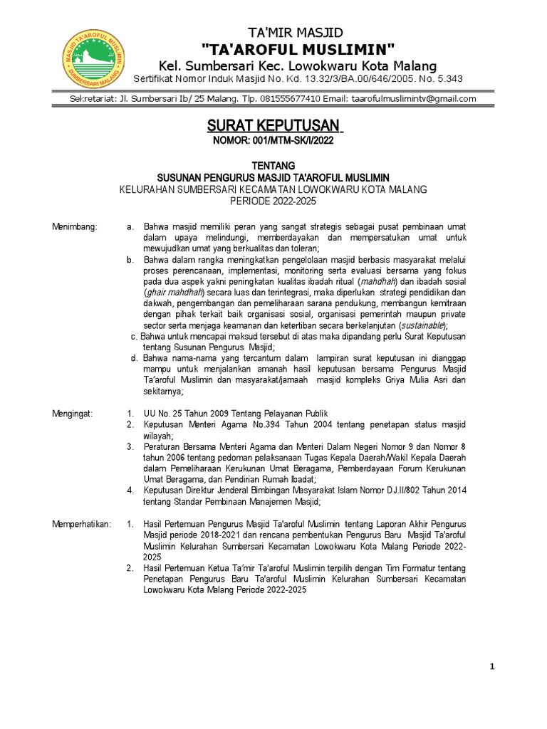 SK Pengurus Takmir Masjid Ta'Aroful Muslimin | PDF