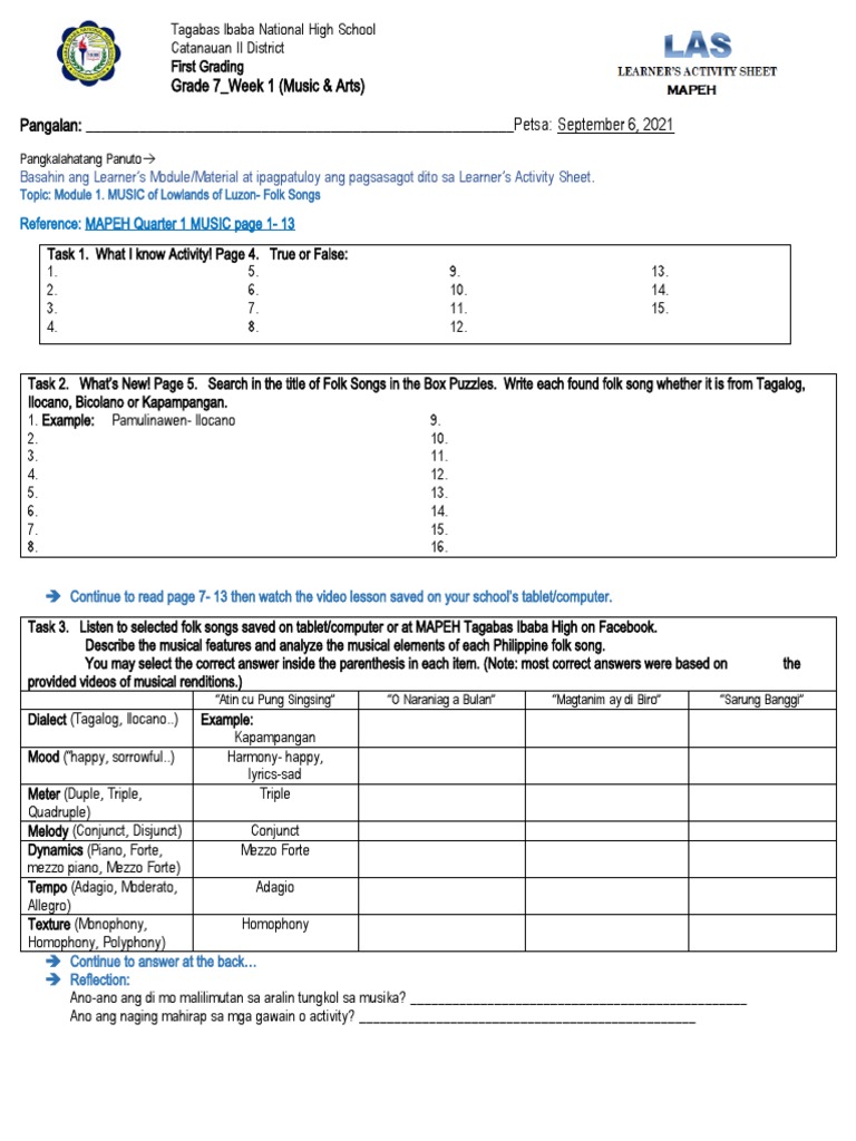 Las - Activity Sheet - Q1 - Grade 7 - Sy 2021 | PDF | Performing Arts ...