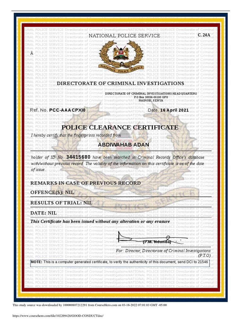 Police Clearance Certificate: Directorate of Criminal Investigations ...