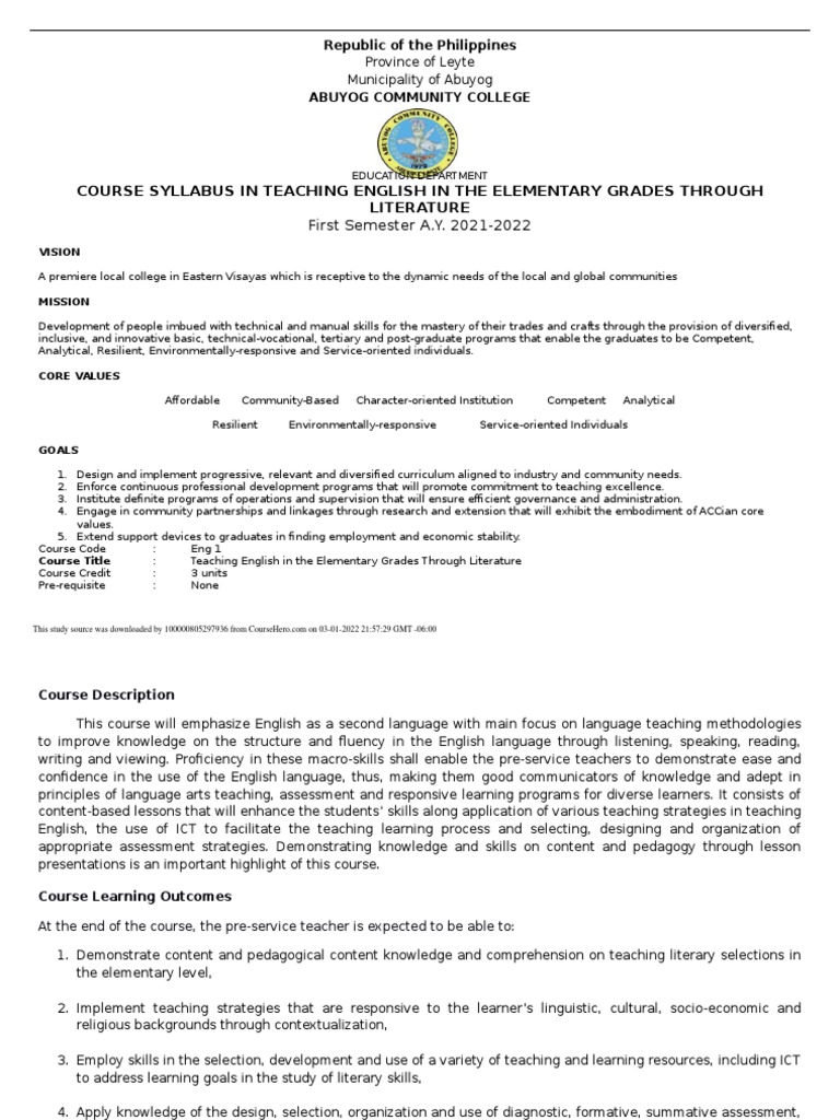 Course Syllabus in Teaching English in The Elementary Grades Through ...