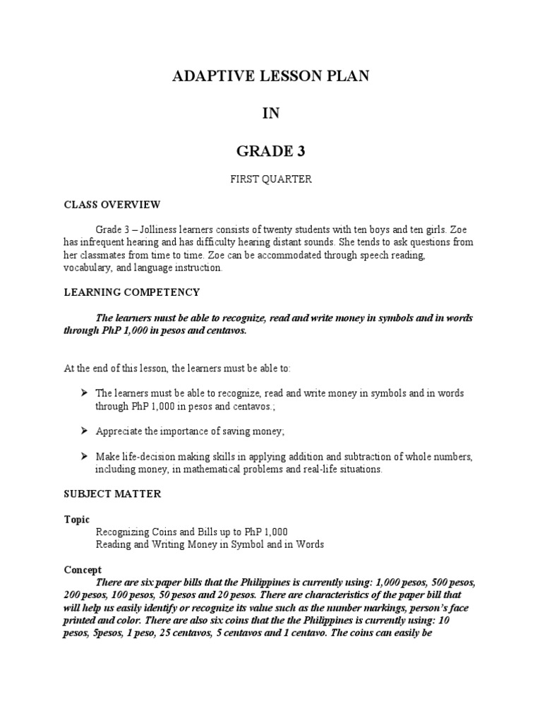Adaptive Lesson Plan IN Grade 3: Class Overview | Download Free PDF ...