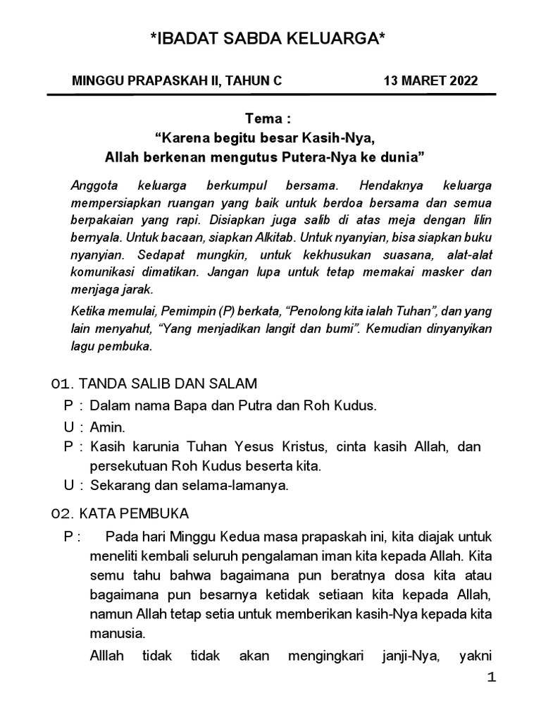 Ibadat Sabda Minggu Prapaskah Ii 2022 | PDF