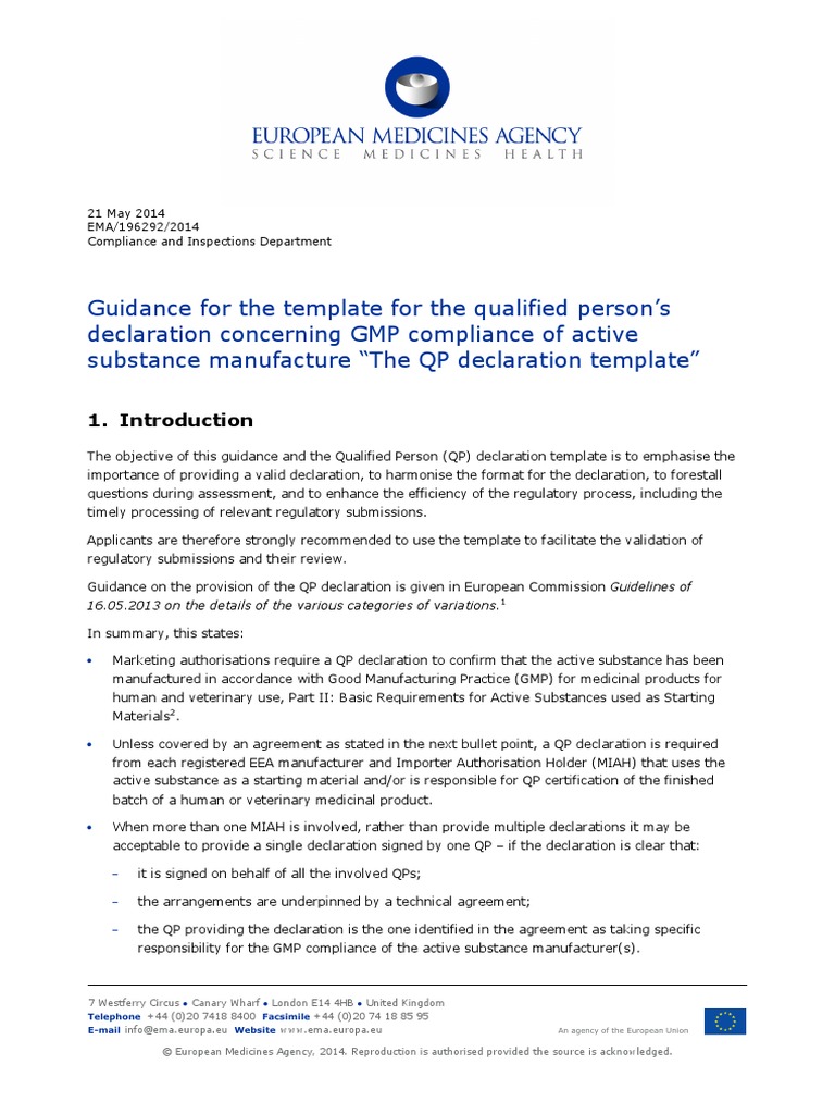 Guidance Template Qualified Persons Declaration Concerning Good ...