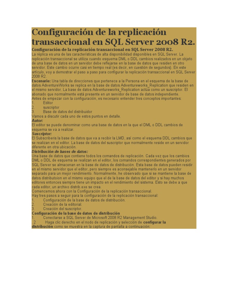 Configuración De La Replicación Transaccional En Sql Server 2008 R2 Descargar Gratis Pdf 