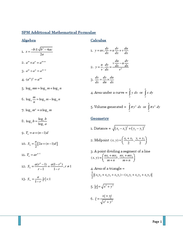 SPM Additional Mathematical Formulae PDF | PDF | Euclidean Plane ...