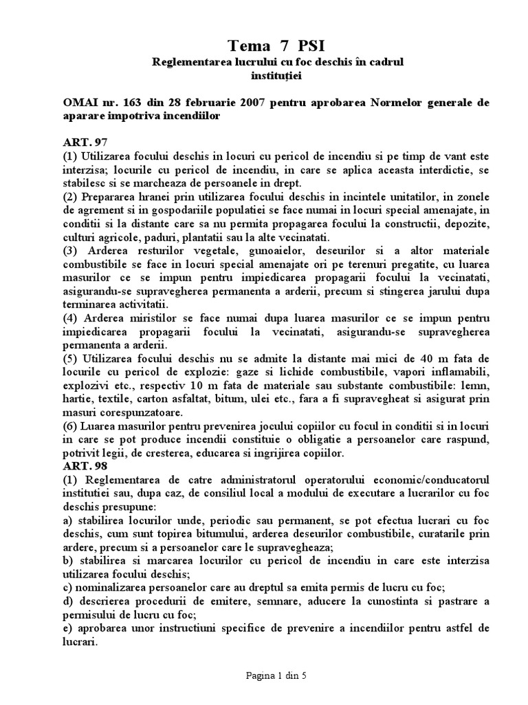 Tema 7 PSI Reglementarea Lucrului Cu Foc Deschis | PDF